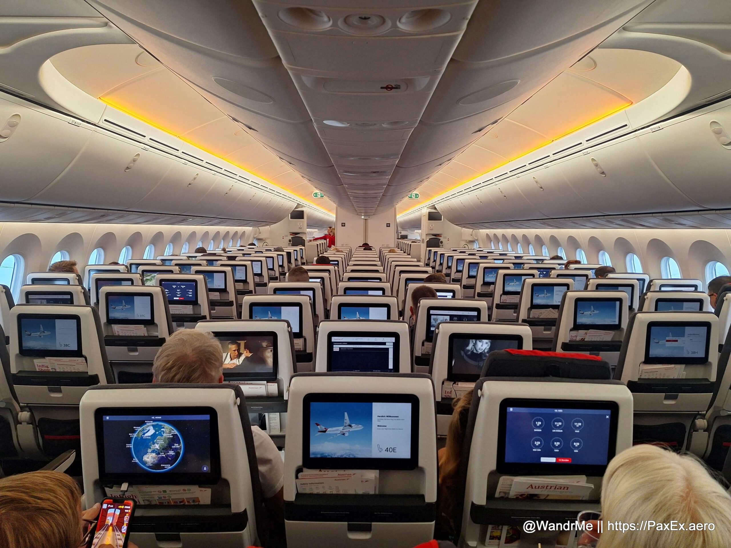 The open space of Austrian's 787 economy class cabin overhead interior ...